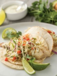 Recipe for Fish Tacos with Cabbage Slaw Avocado Crema